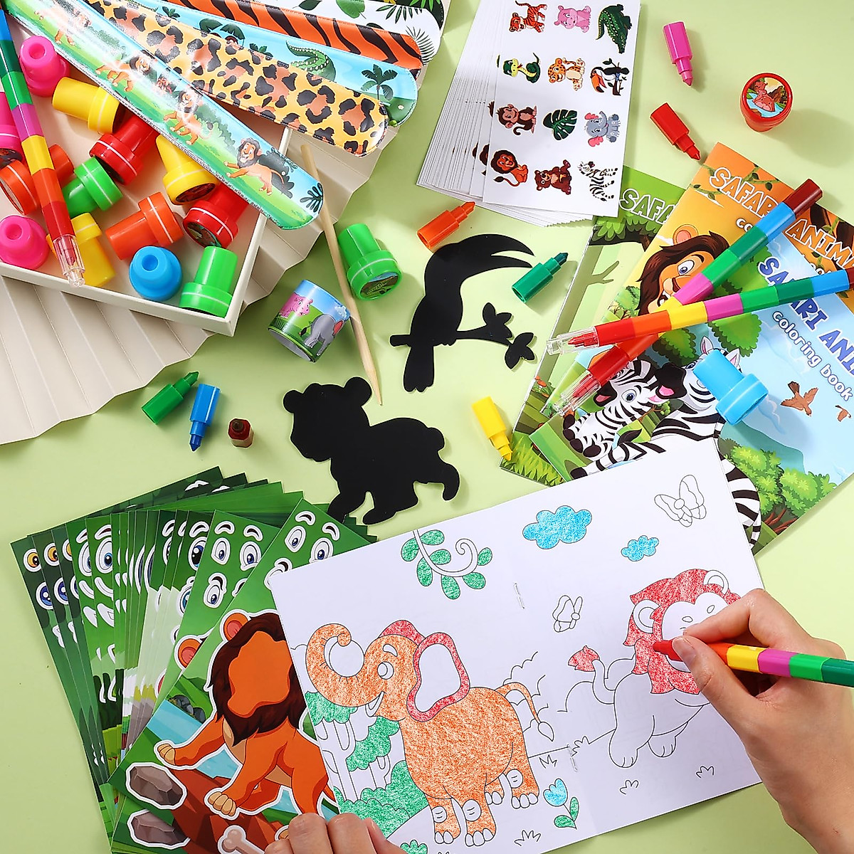 BenLouis 96Pcs Jungle Safari Party Favors Zoo Animals Coloring Books Crayons Sticker Stampers Slap Bracelets Set Bulk Classroom Prizes for Kids Wild One Party Baby Shower Goodie Bags Fillers