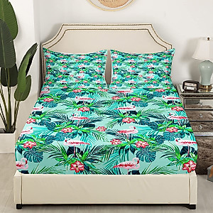 Erosebridal Pink Flamingo Bed Sheets Set for Girls Women Green Palm Leaves Print Sheet Set, Flamingo Decor Fitted Sheet Romantic Theme Sheets Cute Animal Flamingo Flat Sheet 4 Pcs with 2 Pillowcases