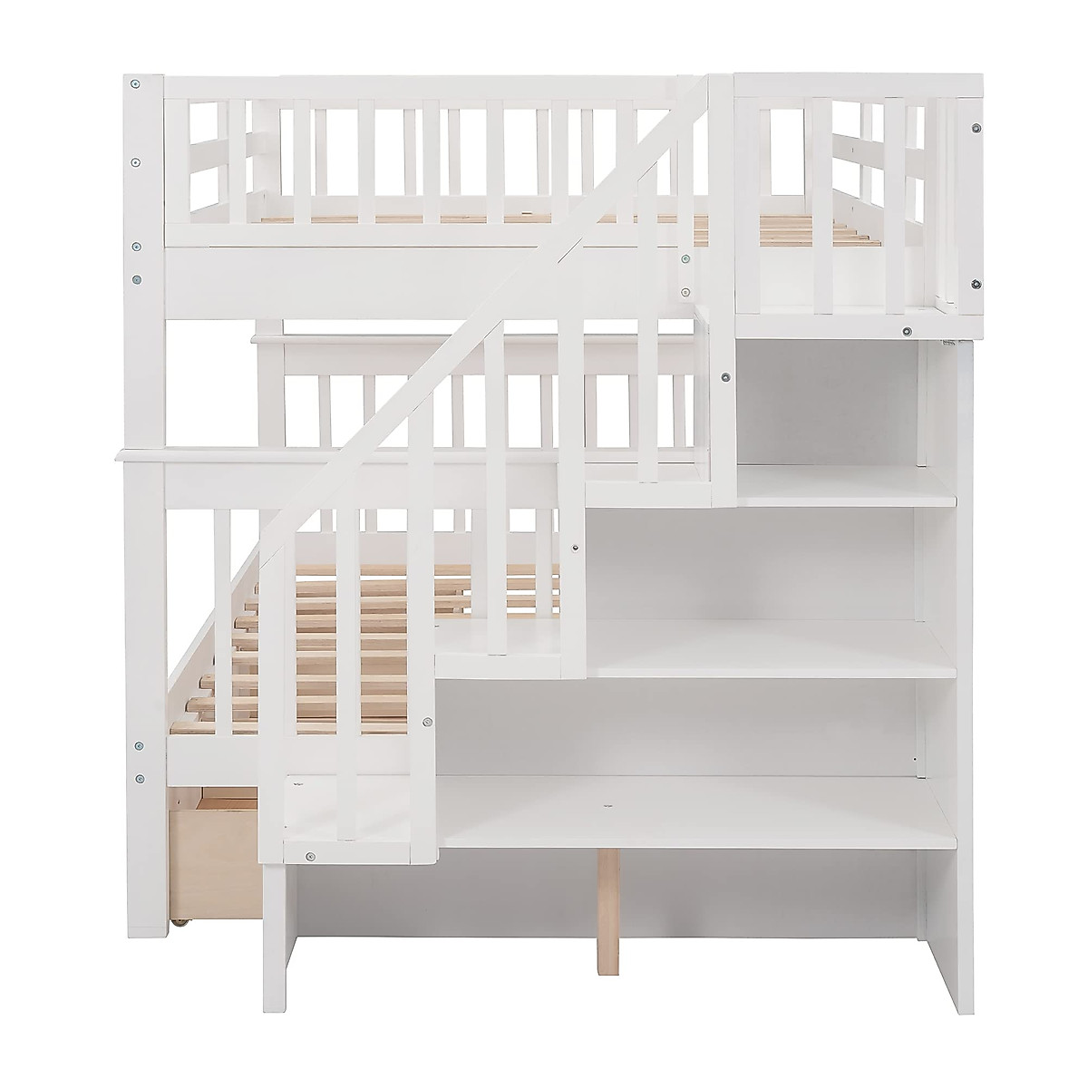 Harper & Bright Designs Full Over Full Bunk Beds with Storage Drawers and Stairs Wood Bunk Bed Frame for Kids Boys Girls Teens, White