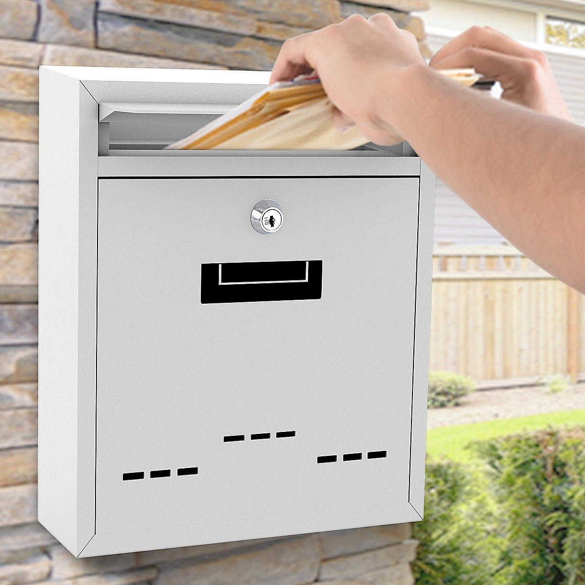 SereneLife Modern Wall Mount Lockable Mailbox-Outdoor Galvanized Metal Key Large Capacity-Commercial Rural Home Decorative &Office Business Parcel Box Packages SLMAB04,White,10.2’’ x 12.2’’ x 3.6’’