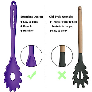 Silicone Cooking Spoons, Heat Resistant Large Silicone Pasta Slotted Spoon Solid Basting Spoon set for Nonstick Cookware, BPA Free Black Kitchen Silicone Spoons set for Mixing, Serving, Purple