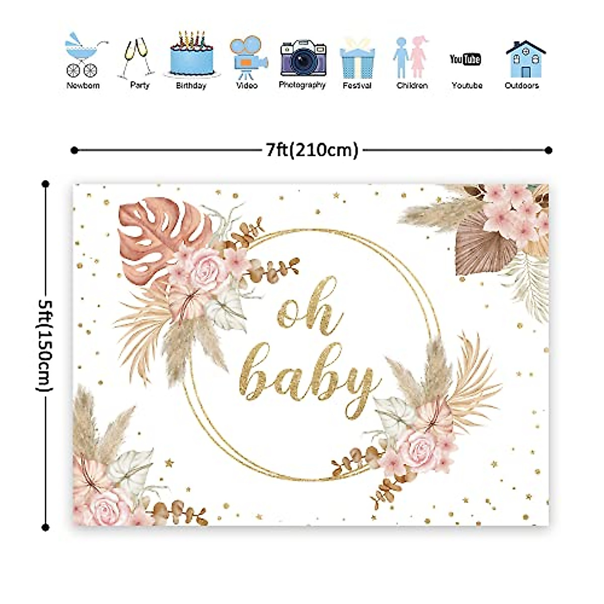 Riyidecor Girl Boho Oh Baby Baptism Baby Shower Decorations Backdrop 7Wx5H Feet Polyester Fabric Pink Bohemian Pampas Grass Blush Newborn Party Floral Gold Banner Festival Studio Photo Shoot