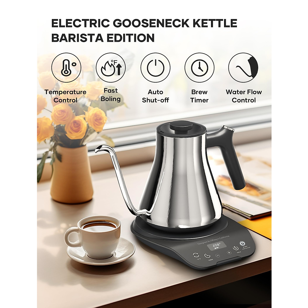 Offacy Electric Gooseneck Kettle,- 0.9L 1200W Quick Heating, ±1℉ Temperature Control, 100% Stainless Steel Inner Pot for Pour Over Coffee & Tea, Perfect for Boiling Hot Water