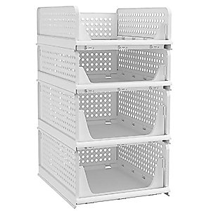 Pinkpum Stackable Plastic Storage Basket-Foldable Closet Organizers and Storage Bins 4 Pack-Drawer Shelf Storage Container for Wardrobe Cupboard Kitchen Bathroom Office 2S+2L