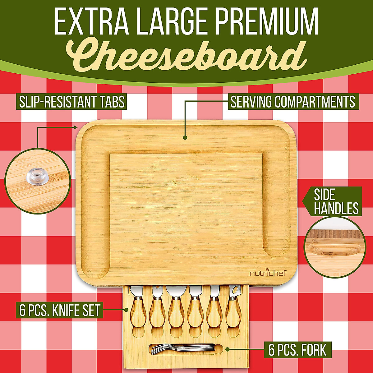 NutriChef Natural Bamboo Cheese Board Set with Bonus Condiment Cup-Extra Large Size 100% Home Organic Wooden Plate and Charcuterie Tray with 4 pcs Cutting Knife Slicer