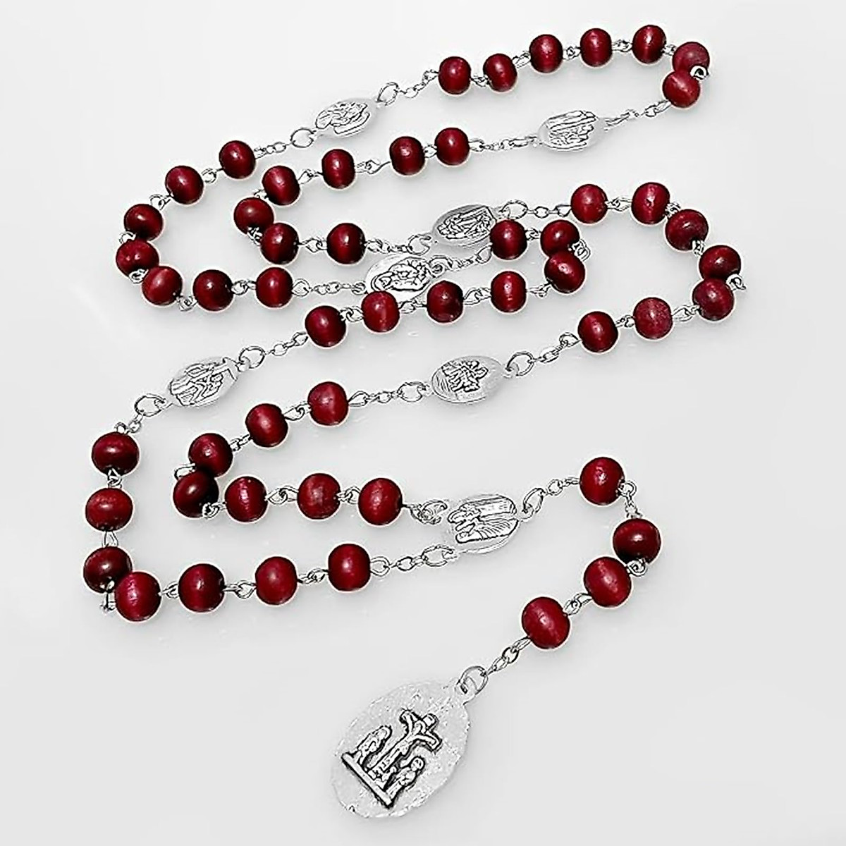 lulucross Seven Sorrows of Mary Rosary Chaplet Rose Scented 7 * 8mm Wooden Beads Catholic Jewelry Necklace for Pray (Red)