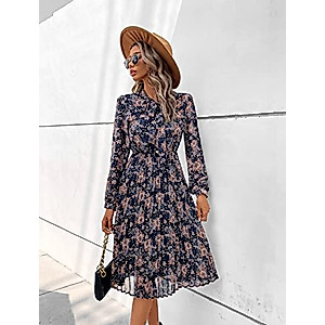 HAOKEKE Women Print Dress Long Sleeves Chiffon Dress Retro Pleated Buttons Down Bow Tie Fairy Lady Dress Navy Blue Flower Print US 12-14
