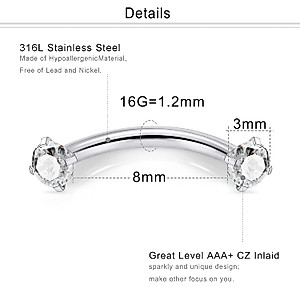 Dyknasz 40Pcs 16G Surgical Steel Daith Rook Earring 8mm 5/16" Curved Barbell Eyebrow Rings Belly Button Ring Piercing Jewelry for Women Men