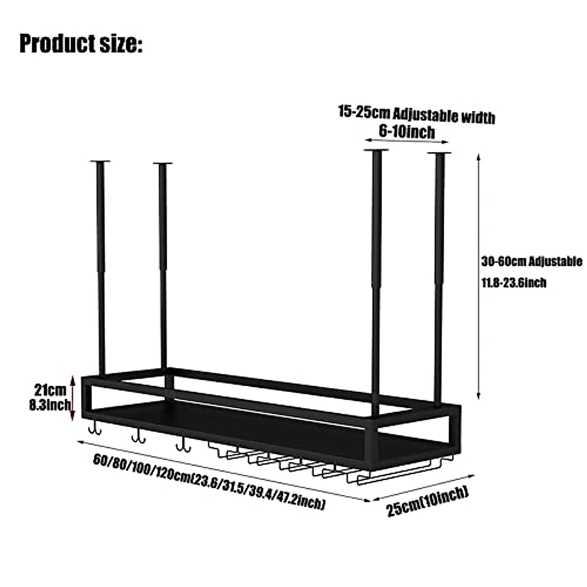 DICKIS Hanging Wine Rack with Glass Holder and Shelf, Adjustable Height and Width Metal Ceiling Bar Wine Glass Rack, Industrial Wall Mounted Wine and Glass Rack (Color : Black, Size : 100x25x21cm)