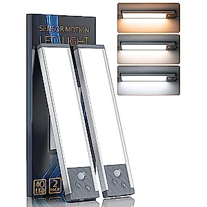 Under Cabinet Lights Rechargeable 40 LED Closet Lights, 3 Color Temperatures Dimmable Motion Sensor Lights Indoor, Wireless Magnetic Night Lighting for Kitchen, Wardrobe, Cupboard, Drawer, 2 Packs