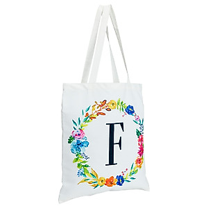 Okuna Outpost Set of 2 Reusable Monogram Letter F Personalized Canvas Tote Bags for Women, Floral Design (29 Inches)
