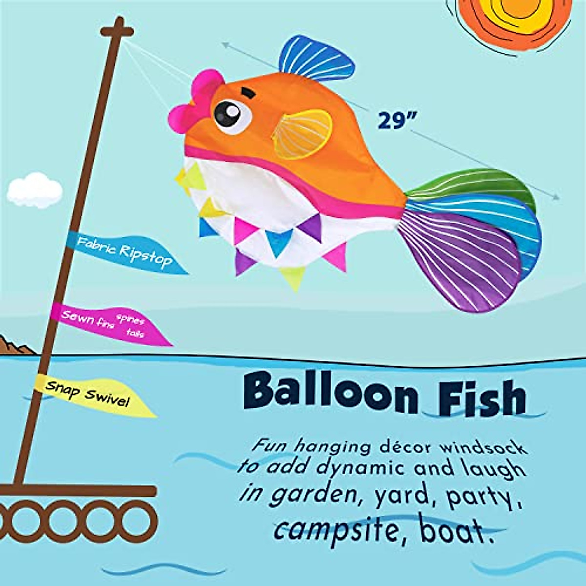 emma kites 29-inches Balloon Fish Windsock Hanging Décor for Garden Backyard Balcony Porch Campsite Decoration