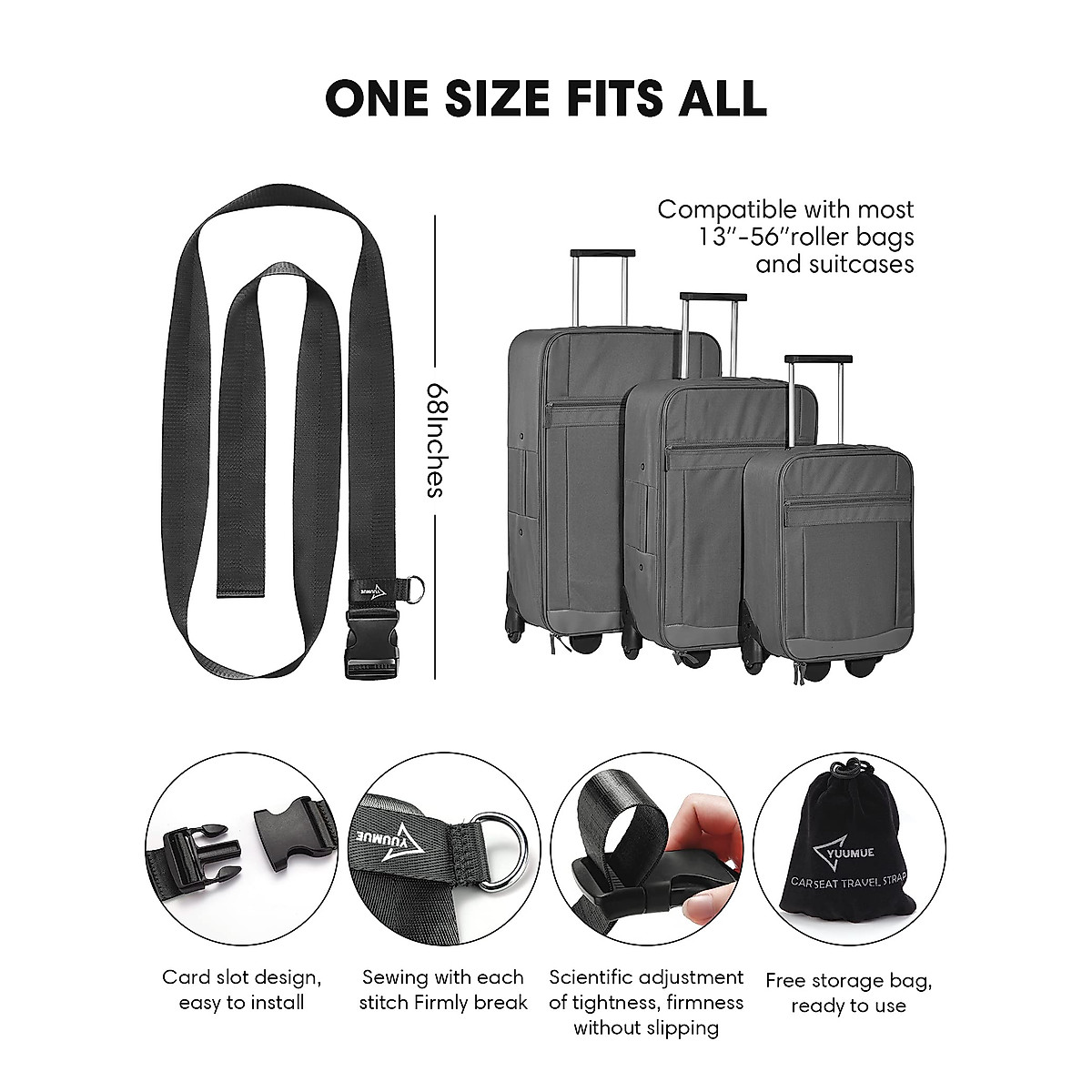 Car Seat Travel Belt, Adjustable Travel Strap for Transport Kid Car Seat to Convert Luggage Carts Into Airport Car Seat Stroller, Easy Carry Universal Size (Black)