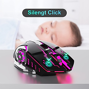 QELIROKY New 2.4G Wireless Rechargeable Gaming Mouse Silent Click with 6 Buttons, 3 Adjustable Levels DPI, Colorful LED Lights for Laptop, iPad, MacOS, PC, Windows, Android (Black)
