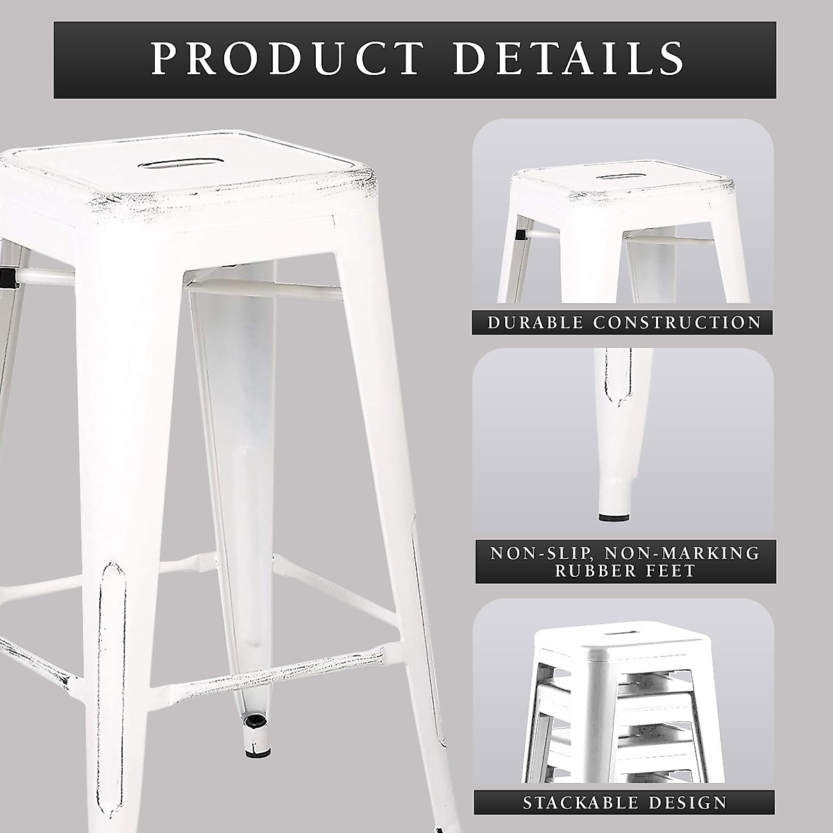AC Pacific Backless Metal Barstools, Modern Industrial Light Weight Stackable Counter Height Bar Stools Set of 2 for Indoor and Outdoor Use, 30" High, Distressed Snow White