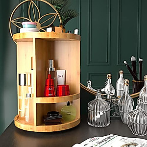 AJIAAIONE 360° Bamboo Makeup Organizer, Cosmetics Organizer，Multi-Function Storage Carousel for Makeup, Toiletries, and More — Great for Vanity, Desk, Bathroom, Bedroom, Closet, Kitchen