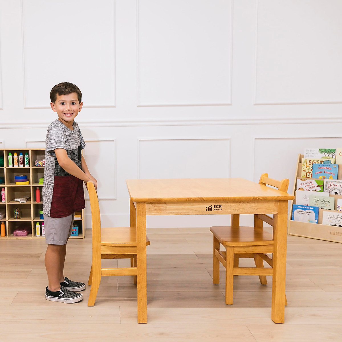 ECR4Kids 30in D Square Hardwood Table with 24in Legs and Two 14in Chairs, Kids Furniture, Honey