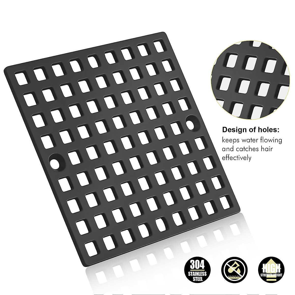 4" Matte Black Shower Drain Cover - Square Floor Drain Cover Replacement - Hair Catcher/Drain Strainer for Bathrooms, Showers, and Sinks - SUS304 Stainless Steel & CUPC Certified