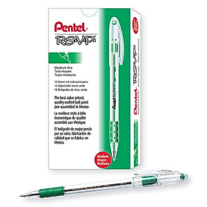 Pentel R.S.V.P. Ballpoint Pen, Medium Point, Green Ink (BK91-D) 12 Total