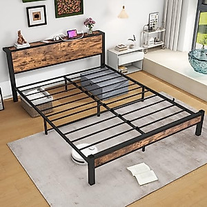 DUMEE Metal Queen Bed Frame with Wood Storage Headboard with USB Ports and Charging Station, Metal Platform Bed Frames Queen Size, No Box Spring Needed, Noise Free, Black & Rustic Brown