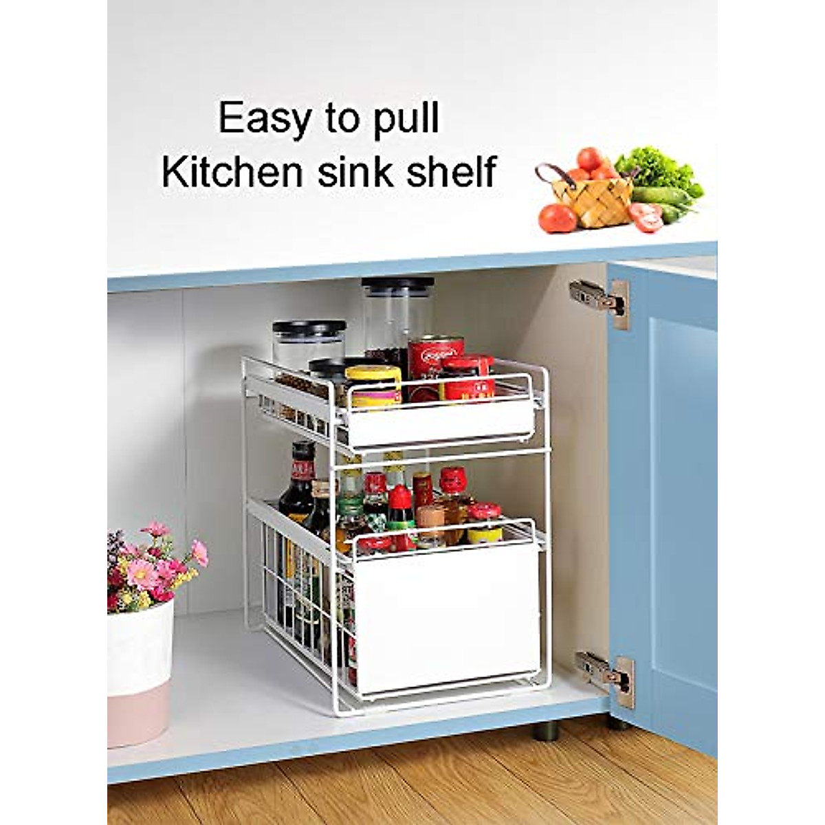 YUEGOO Kitchen Sinks Solid Under Sink Storage 2 Tier Drawer Organizer, Under Sink Storage Rack with Sliding Basket Drawer, Pull Out Drawers Under Sink, for Kitchen Bathroom under/White/40 * 28 * 40cm