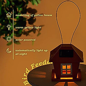 JUYUAN Solar Bird Feeder Yellow House Hanging Outdoor for Cardinal, Metal Rain Proof for Wild Bird, Small Cute Home Design and Lights up Automatically at Night, Decorative Gifts (Yellow)