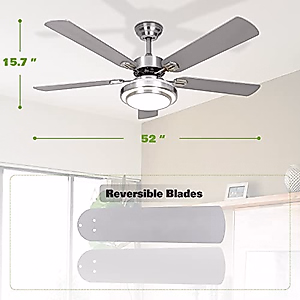 hykolity 52 Inch Ceiling Fans with Lights (Integrated LED) Remote Control, Reversible Motor and Blades, ETL Listed, for Patio Living Room, Bedroom, Office - Brushed Nickel (5-Blades)