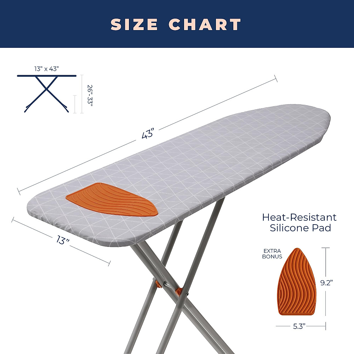 Happhom Compact Space Saver Ironing Board with Extra Thick Heavy Duty Padded Cotton Cover, Height Adjustable, Lightweight and Easy Storage with Smart Hanger, Easy Storage and Lightweight Design 13x43