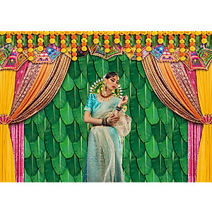 INRUI Indian Pooja Photography Background Green Banana Leaf Curtain Decorations Indian Bridal Shower Wedding Party Photo Backdrop (7x5FT)