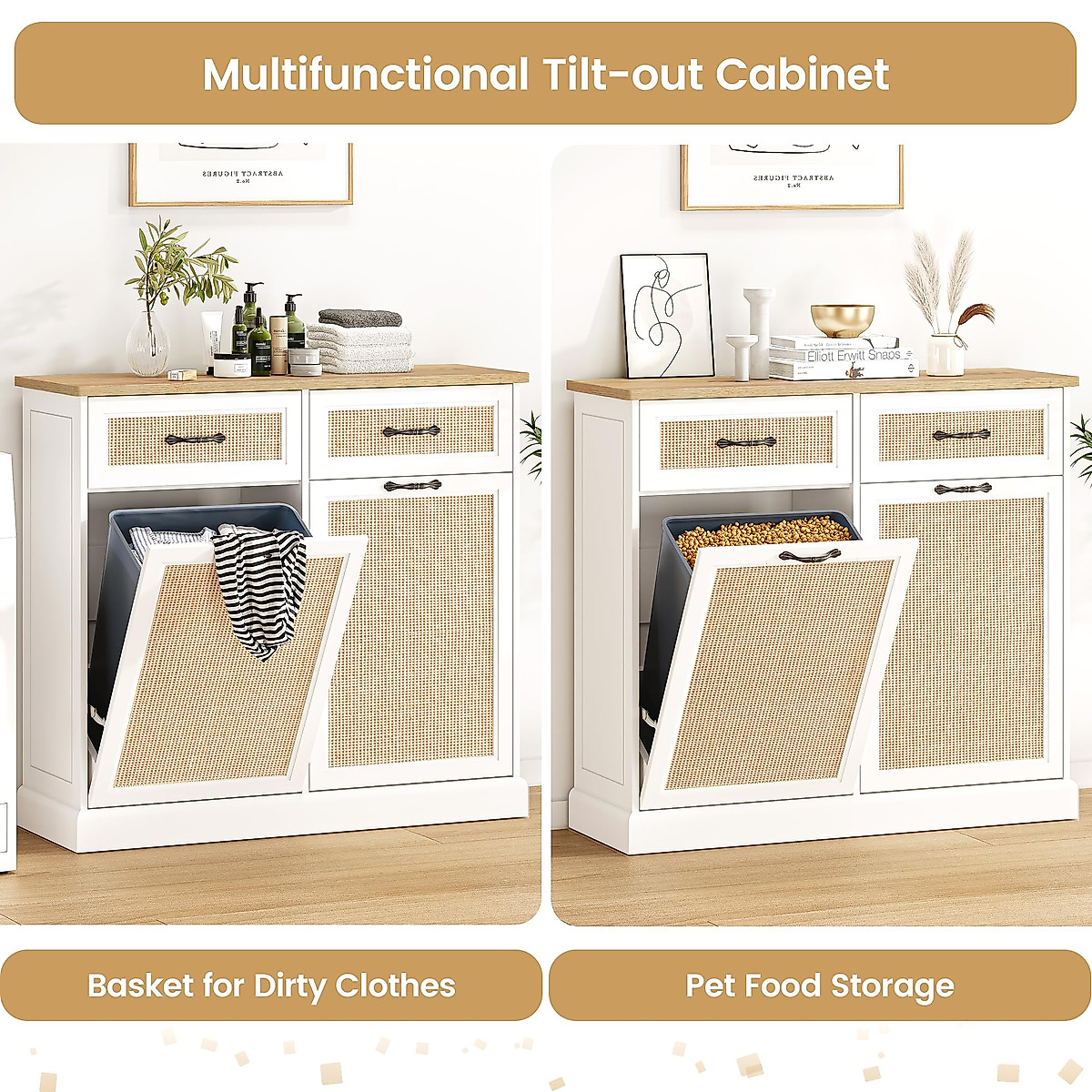 CABIHOME Rattan Double Tilt Out Trash Cabinet, Freestanding Trash Can Cabinet 20 Gallon Storage, Hidden Pet-Proof Garbage Can Cabinet Laundry Hamper for Kitchen Dining Living Room