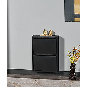 Alveon Flip Drawer Shoe Cabinet, Storage Organizer, Freestanding Shoe Rack, Wall Mounted No-Assembly (Black, 2 Drawer)
