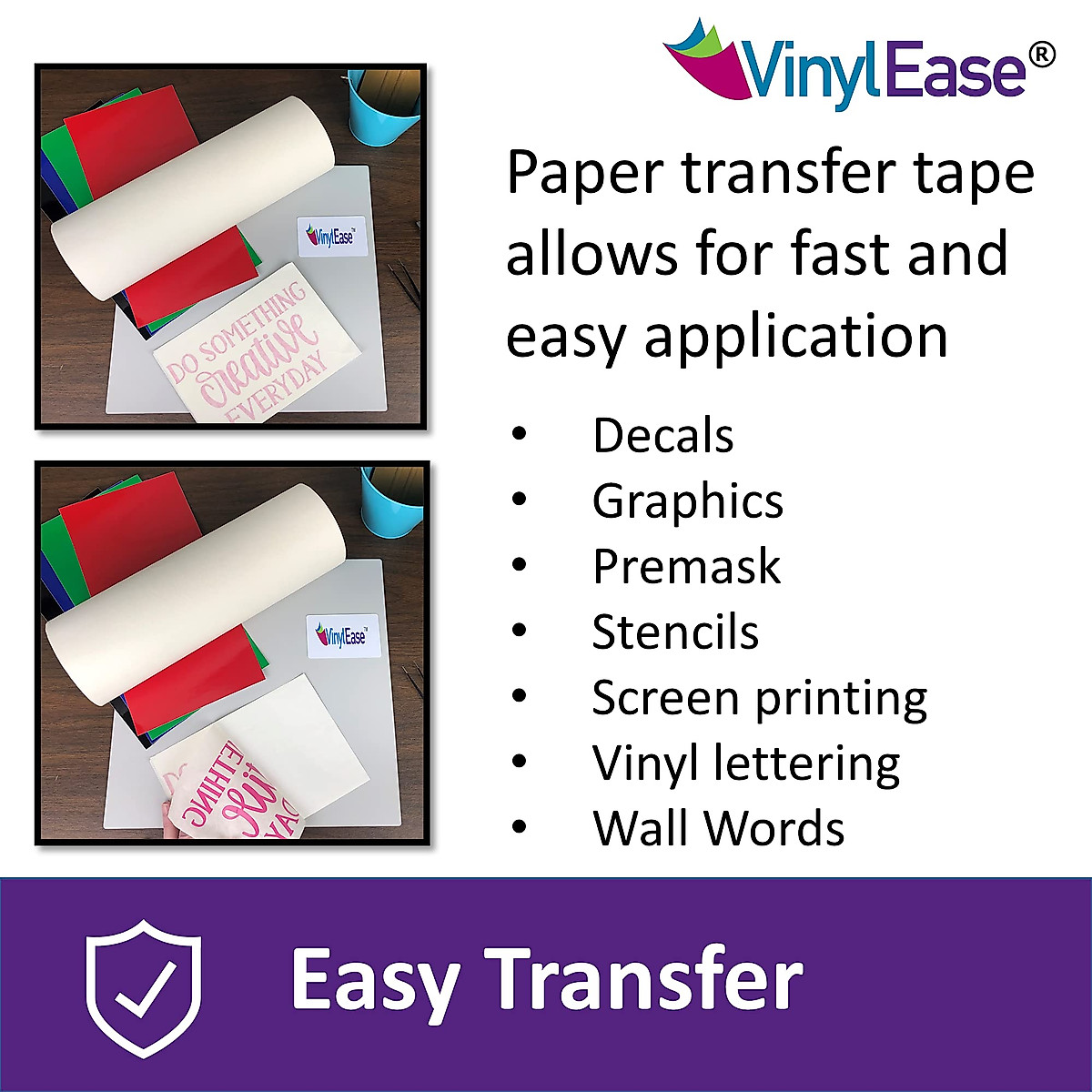 Vinyl Ease 12 inch x 150 feet roll of Paper Transfer Tape with a Medium Tack Layflat Adhesive. Works with a Variety of Vinyl. Great for Decals, Signs, Wall Words and More. V0844