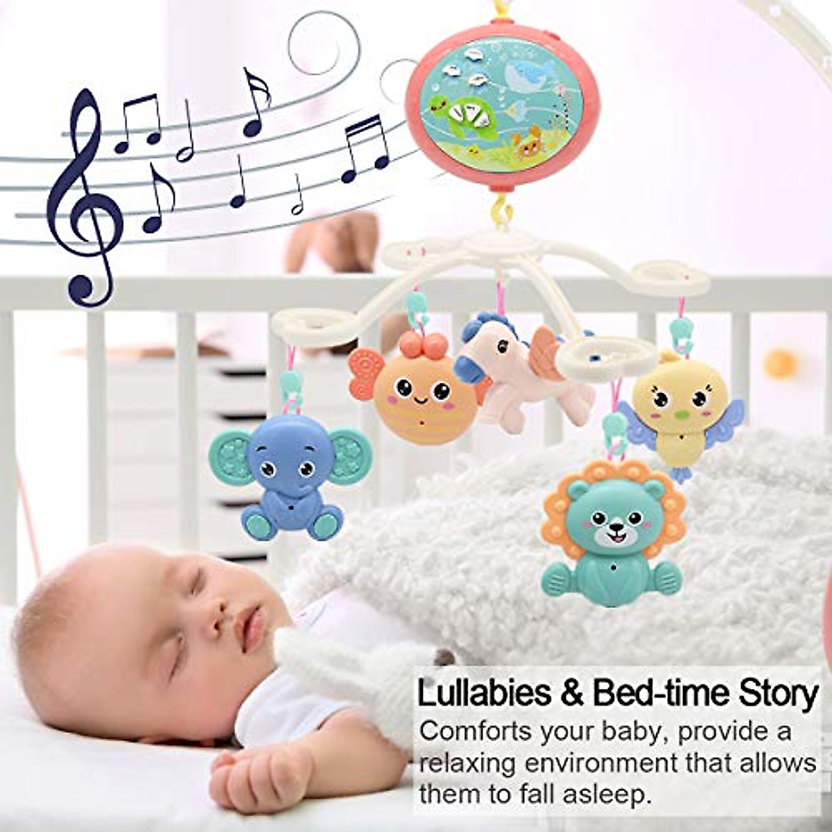 MARUMINE Baby Musical Crib Mobile with Night Light, Timer, Hanging Rattles, Nursery Ceiling Star Projector, Take Alone Music Box with Remote, Relaxing Soother Toys for Newborn Babies Boys Girls