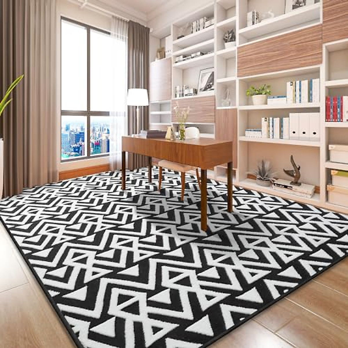 Unirea Geometric Shag Area Rugs for Bedroom Living Room, 3x5 Feet Machine Washable Small Rug Memory Foam Fluffy Carpet for Kids Room Dorm Nursery Bedside Play Mat Accent Home Decor, Black