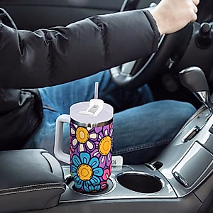 30 oz Colorful Hippie Style Flower Insulated Tumbler with Handle, Stainless Steel Vacuum Water Bottles with Lid and Straw for Water, Iced Tea or Coffee