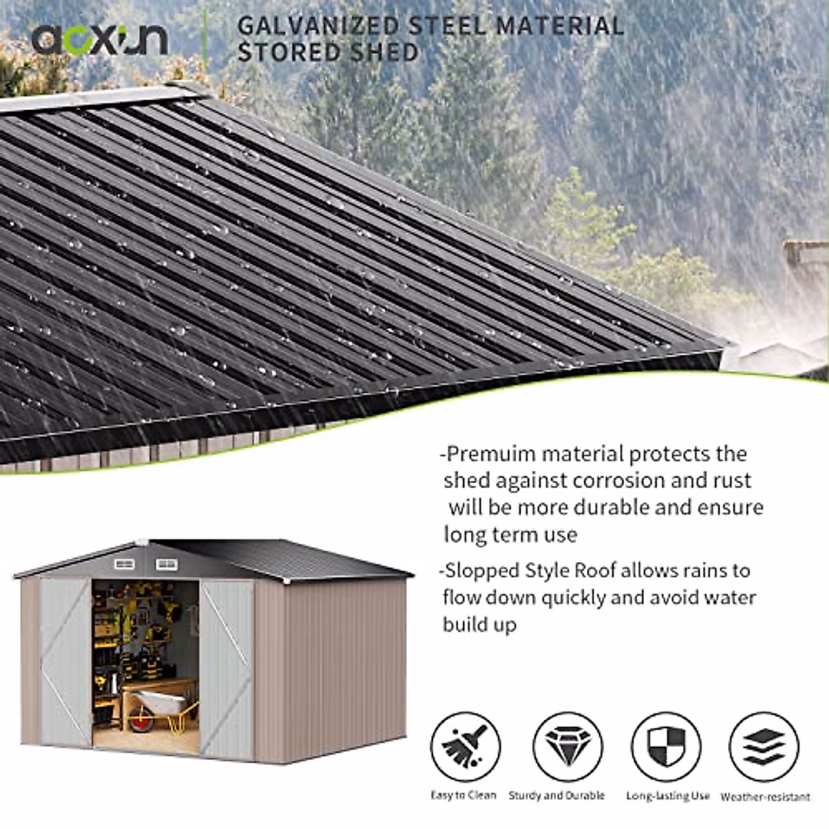 Aoxun Outdoor Shed - 10 x 8 ft Storage Sheds Galvanized Metal Shed with Air Vent and Slide Door, Tool Storage Shed Bike Shed, Tiny House Garden Tool Storage Shed for Backyard Patio Lawn (Floor Frame)