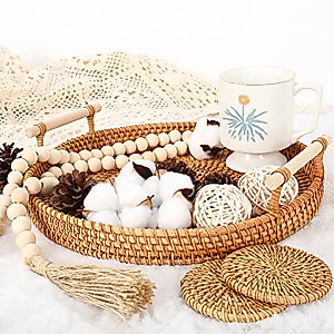 Whaline 4pcs Rattan Round Woven Tray Bread Basket Wicker Serving Tray Coffee Table Decorative Tray with Handles Free Wood Bead Garland Coaster Boho Farmhouse Decor for Living Room Kitchen (11 inch)