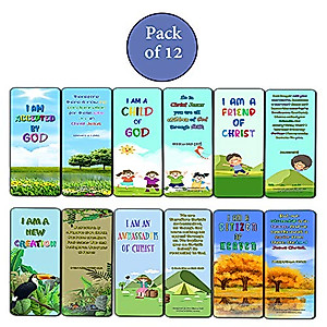 Christian Bookmarks for Kids - Identity in Christ (12 Pack) - Collection of Inspirational Bible Verses About Being Christlike - Church Memory Verse Sunday School Rewards - Christian Stocking Stuffers