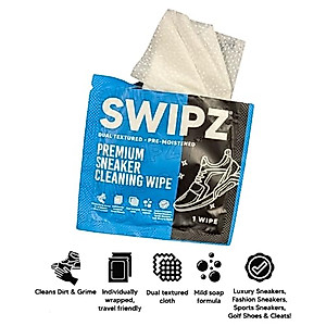 Swipz Shoe and Sneaker Wipes - Complete Tennis Shoe Cleaner Eraser Kit - Instant White Leather Sole Cleaner Cloths in 12 Travel Packs