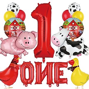 Farm Animal Balloons Cow Pig Balloon Farm Animal Theme 1st Birthday Party Decor Supplies Walking Animal Balloons Duck Rooster Large Number 1 Balloon ONE Letter Banner Balloon 14 Pcs