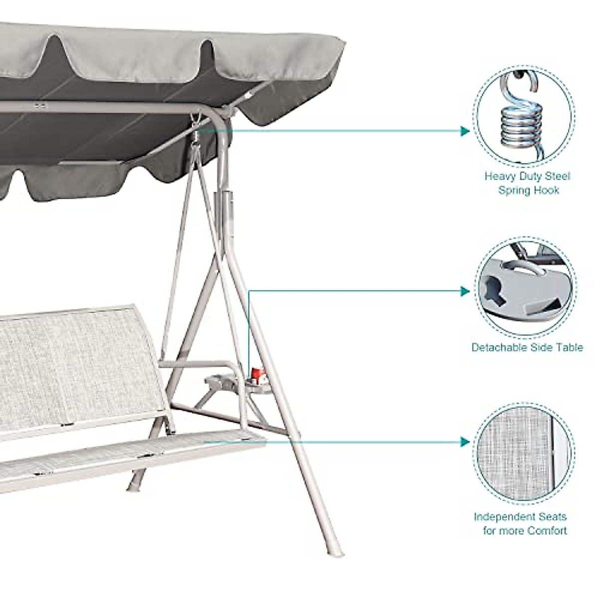 GOLDSUN 3 Person Outdoor Weather Resistant Patio Glider Swing Hammock Chair w/Utility Tray & Sunshade Canopy for Patio, Garden, Deck, or Pool, Gray