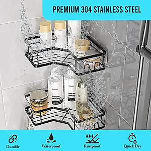 Modern Corner Caddy Stainless Steel Shelf for Shower, Adhesive Backing, 𝟵𝟬 𝗗egree Corner Shower Organizer Set with Soap Holder & Adjustable Hooks, Storage Shelves for Clutter-Free Washroom- Black