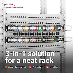 PATCHBOX® Plus+ Cat.6a - 24-Port Patch Panel with Retractable Cable Management System for 19” Racks, Includes Flat 10GB Cables and Cassettes, Easy Network and Server Setup (UTP, Blue, 1.8m / 8RU)