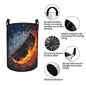 Janrely Large Round Storage Basket with Handles,Ice and Fire Hockey,Large Capacity with Drawstring Storage Bin for Family Waterproof Home Office Decor 21.5"x 16.5"