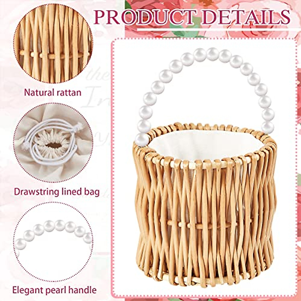 Set of 2 Wicker Wedding Flower Girl Baskets Pearl Wicker Rattan Flower Basket Handwoven Easter Basket Wicker Basket with Handle Straw Beach Bags Purse Wicker Tote for Candy Garden Home, 5.9 x 5.5 Inch