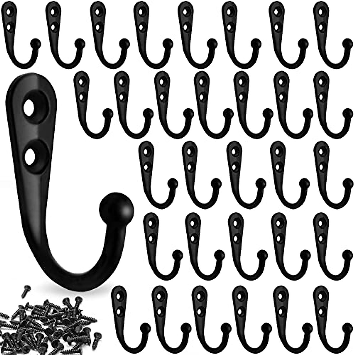 Menecor 32 Pack Small Wall Mounted Single Prong Robe Coat Hooks,Retro Design No Scratch Rustic Coat Hooks Key Hook for Home Bath Kitchen and More,Including 64 PCS Screws (Black)