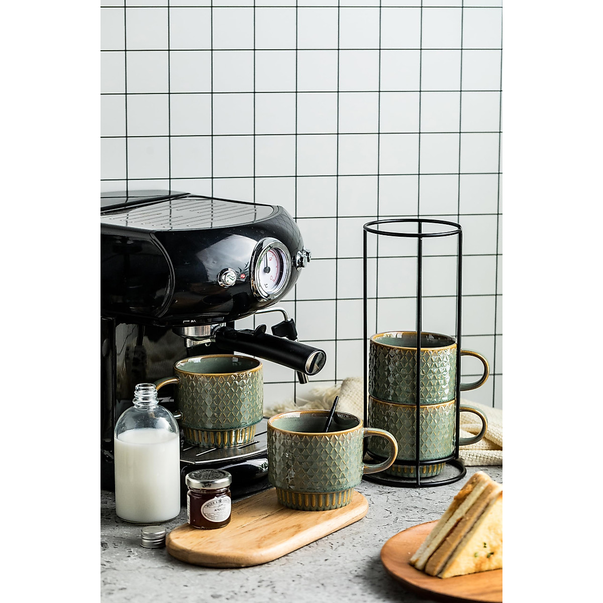 LYEOBOH Coffee Mug, Coffee Mugs Set of 4, Stackable Coffee Mugs with Rack and Spoons - 13 Oz Coffee Cup Set with Stand, Ceramic Coffee Mugs for Home & Kitchen, Blue and Green