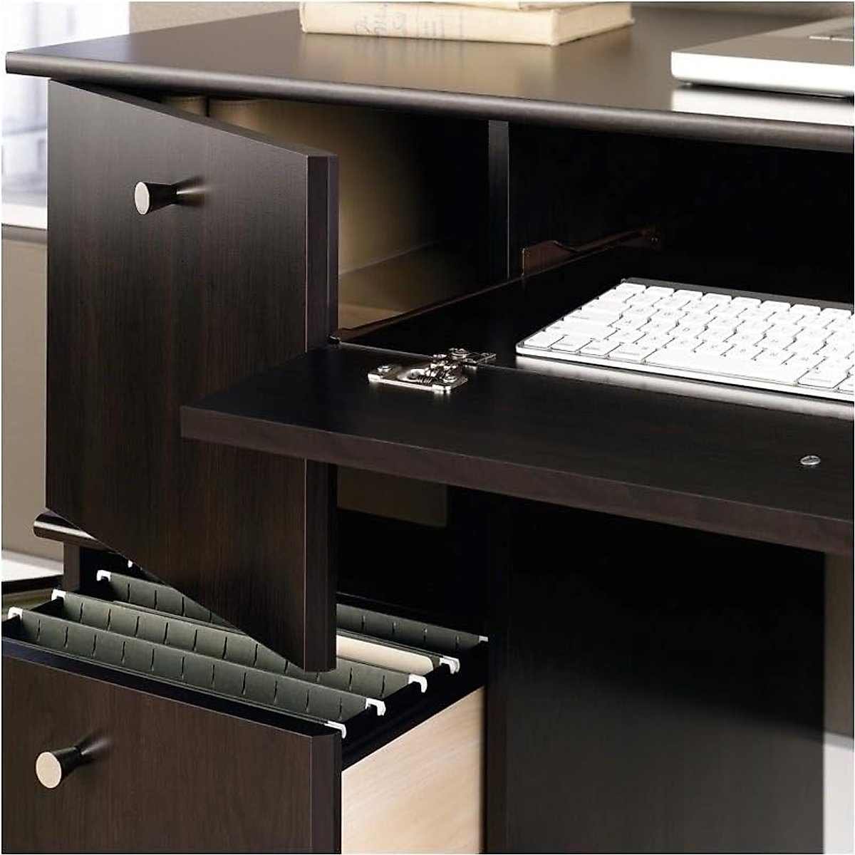Pemberly Row Transitional Wood Computer Desk with Keyboard Tray in Cherry