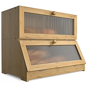 LOHASOK Double Layer Bamboo Bread Box for Kitchen Counter-Large Capacity Bread Storage Container Farmhouse Bread Box with Window Bread Holder… (Natural Bamboo)