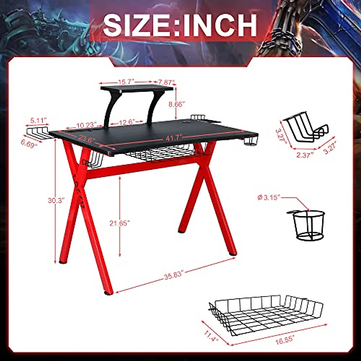OKL 42” Gaming Desk- Home Office Computer Table, Black Carbon Fiber Gamer Workstation with Monitor Support，Headphone Hook，Pad Groove，Cable Management Holes，Storage Basket for PS4 Xbox (Red)